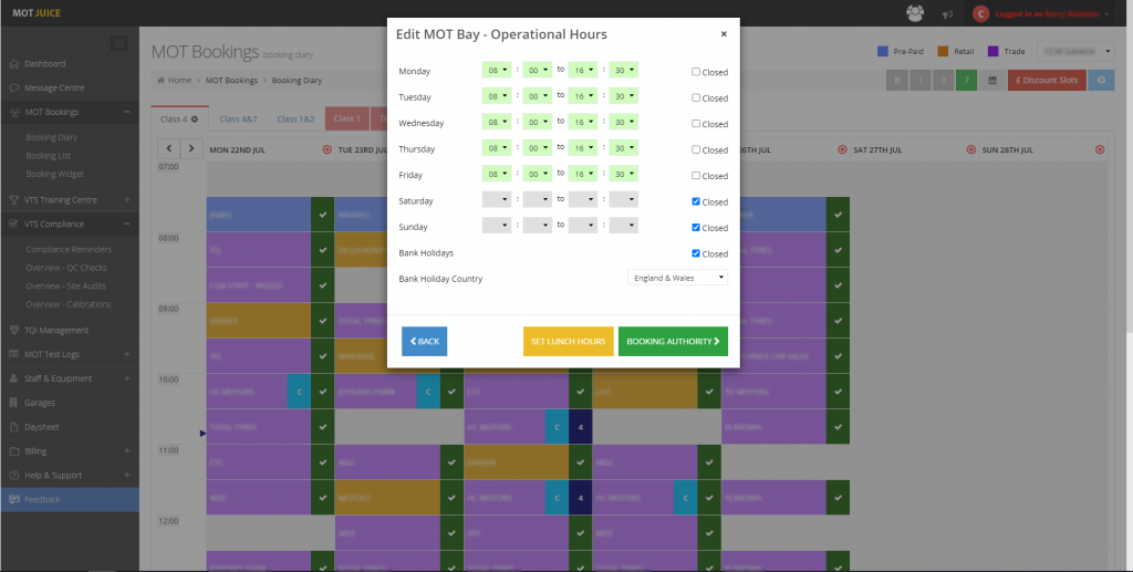 MOT Booking Diary - MOT Juice