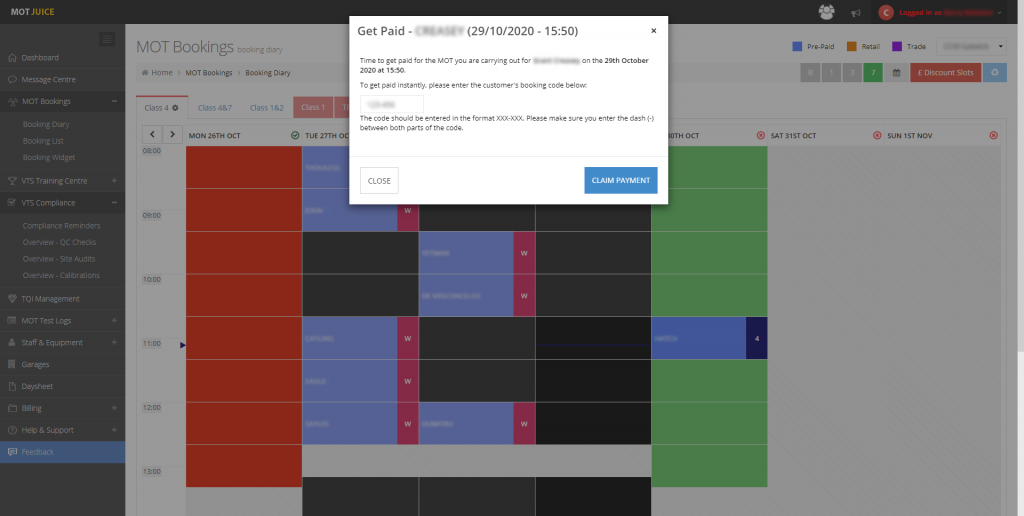 MOT Booking Diary - MOT Juice